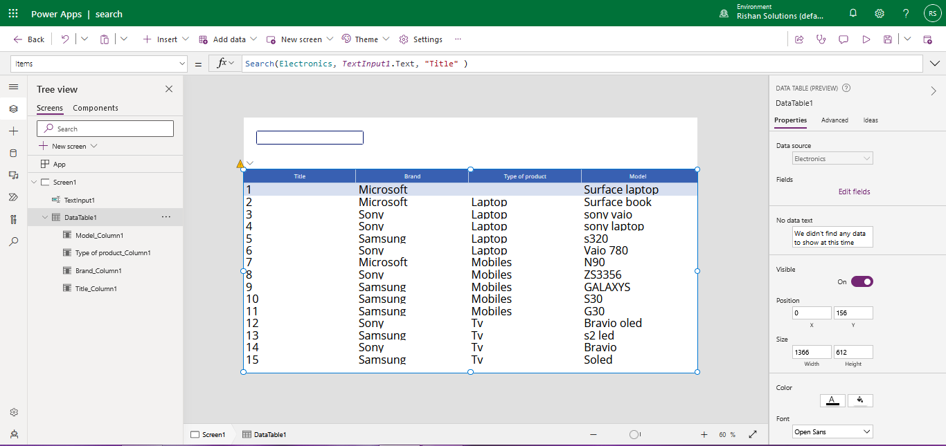 Search , Filter and Lookup in power apps - Rishan Solutions
